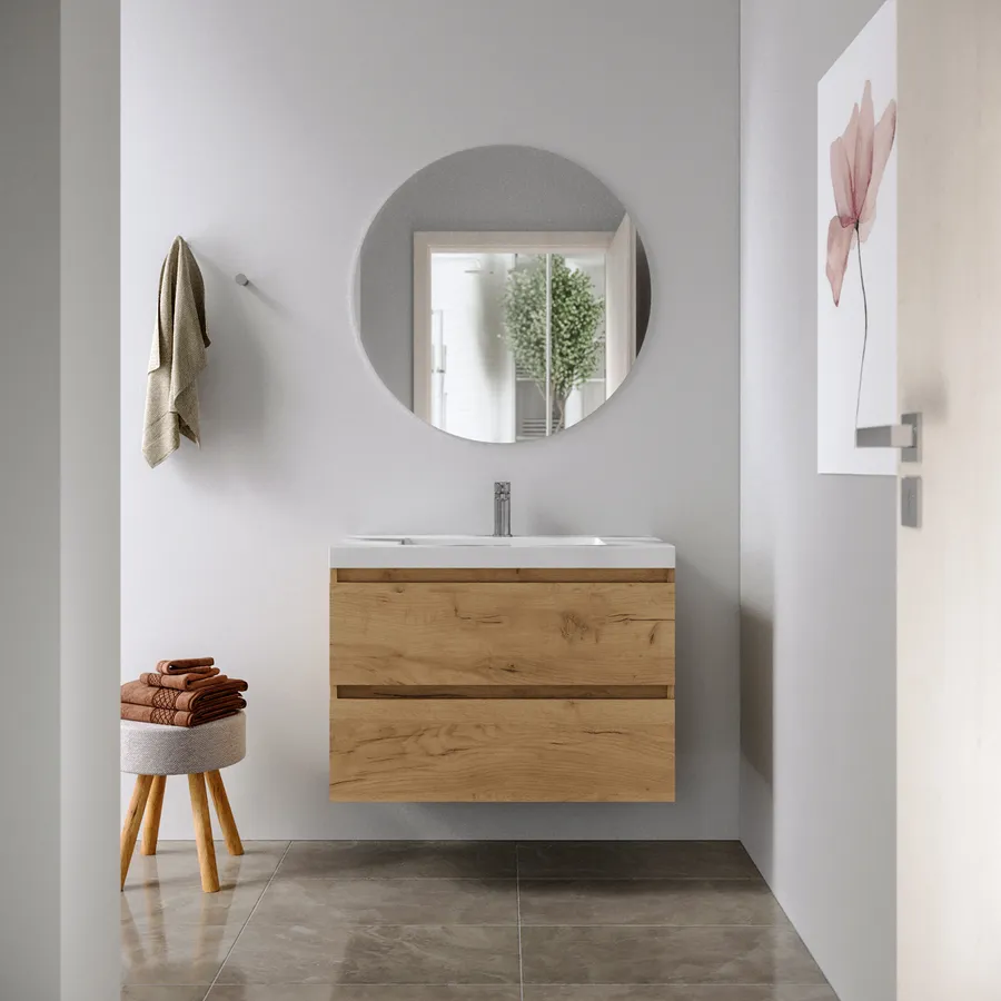 Mobile bagno sospeso 80 cm rovere africa con lavabo e specchio - Anami