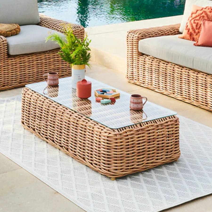 Tavolino da giardino 120x64 cm in polyrattan naturale con top in vetro ...