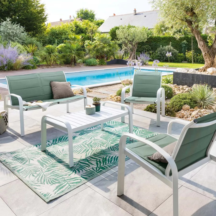 Set relax 4 posti in alluminio bianco e textilene imbottito verde giada ...