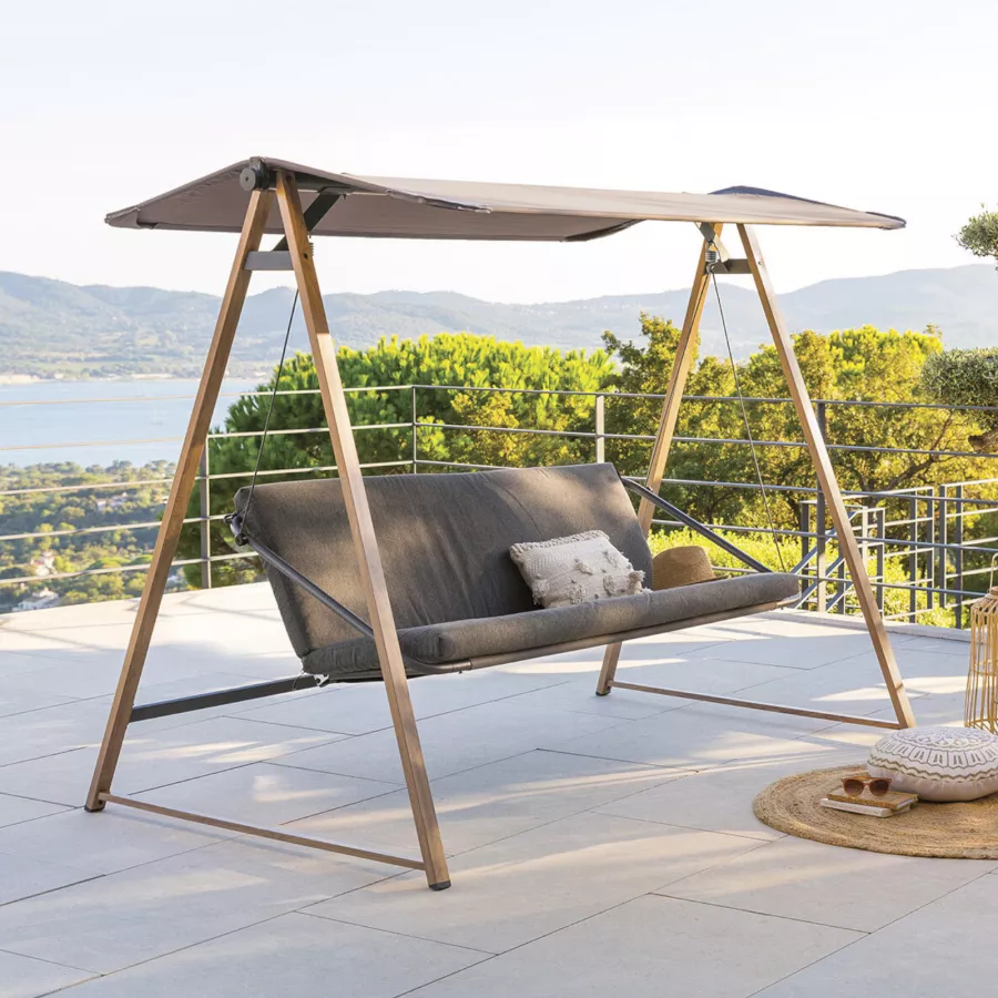 Dondolo da giardino 3 posti in acciaio effetto legno e telo grafite - Solix