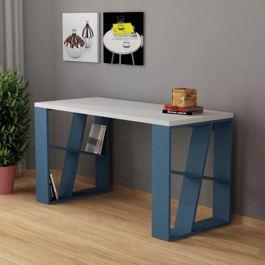 Scrivania 140x60 cm con top in legno bianco e ripiani laterali obliqui ...