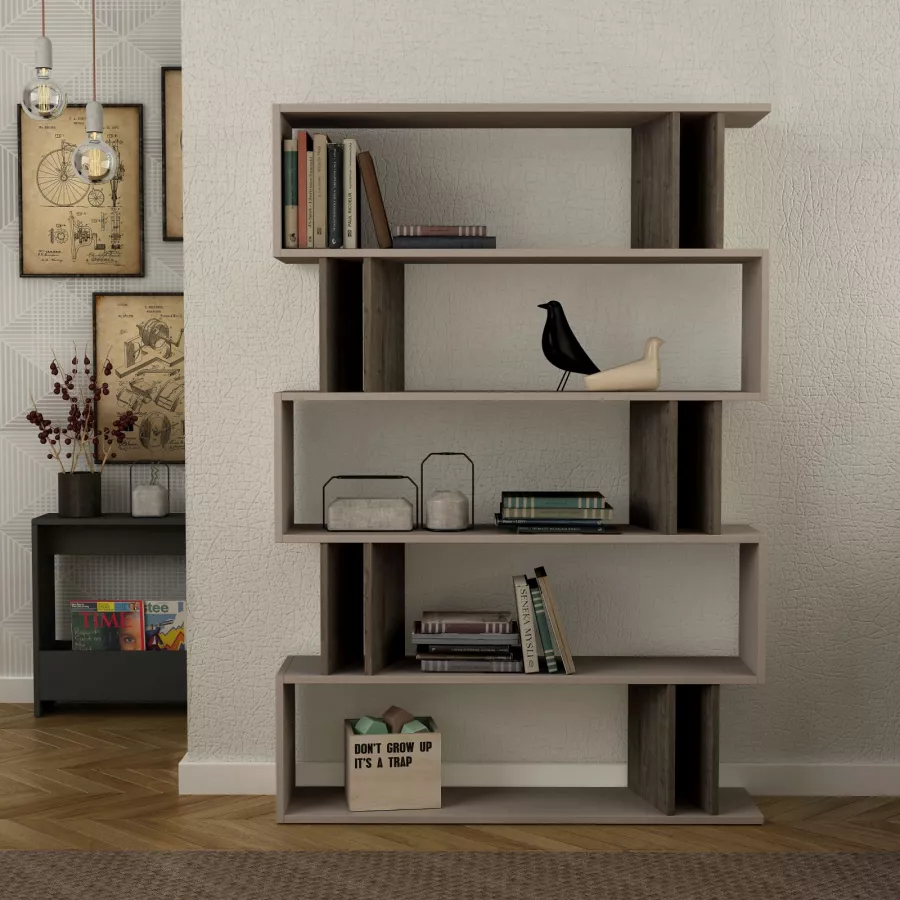 Libreria 110x161h cm in legno tortora e rovere grigio - Kantiko