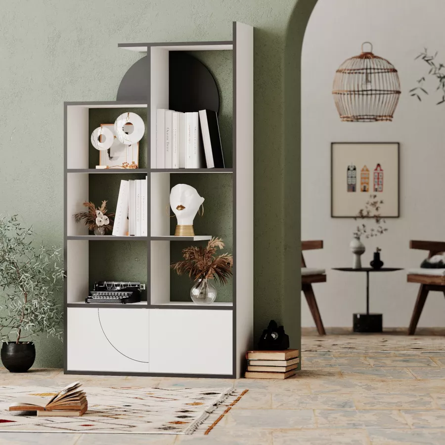 Libreria 85x165h cm in legno bianco e antracite con ripiani e ante ...