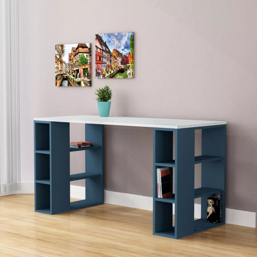 Scrivania 140x60 cm con top in legno bianco e ripiani laterali in legno ...
