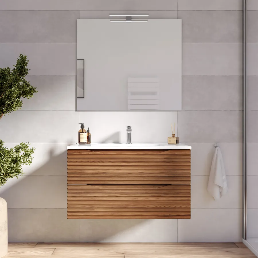 Mobile bagno sospeso 80 cm con cassetti noce maior e specchio - Nosybe Mobile bagno sospeso 80 cm con cassetti noce maior e specchio - Nosybe
