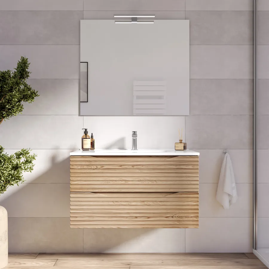 Mobile bagno sospeso 80 cm con cassetti rovere chiaro e specchio - Nosybe