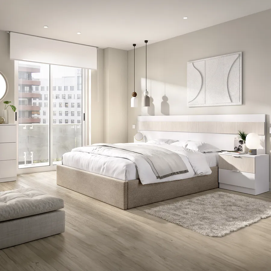 Testata per letto matrimoniale bianco ed effetto rovere cannettato con ...