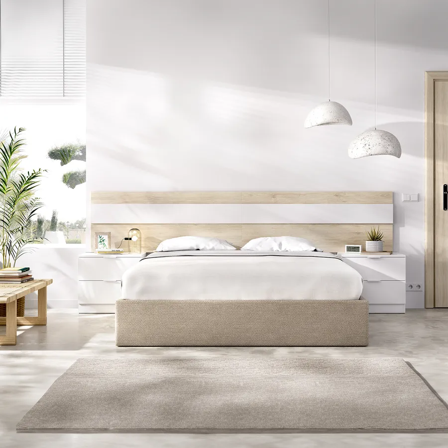 Testata per letto matrimoniale bianco ed effetto rovere naturale con 2 ...