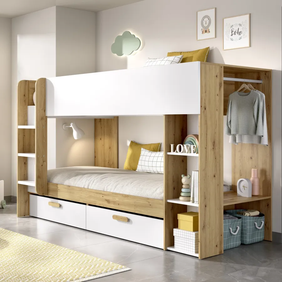 Letto a castello 245x110 cm bianco e rovere nordico con vani e cassetti ...