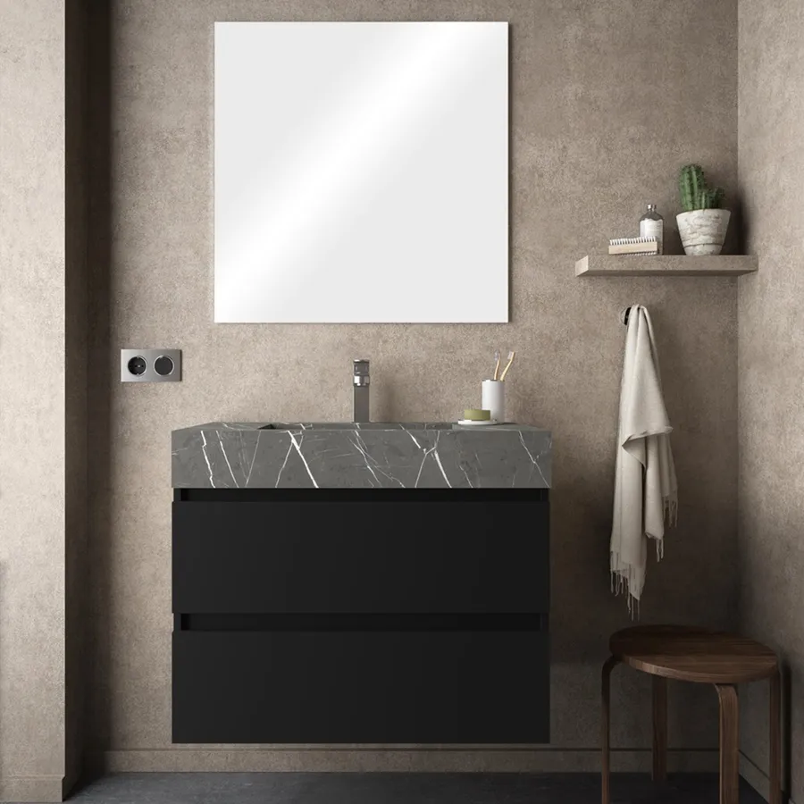 Mobile bagno sospeso 80 cm nero satinato e lavabo effetto pietra grigia ...