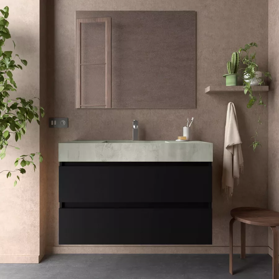 Mobile bagno sospeso 100 cm nero satinato e lavabo effetto cemento con specchio - Jalama