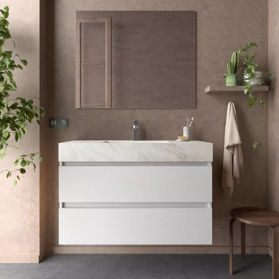 Mobile bagno sospeso 100 cm white satinato e lavabo effetto marmo ...