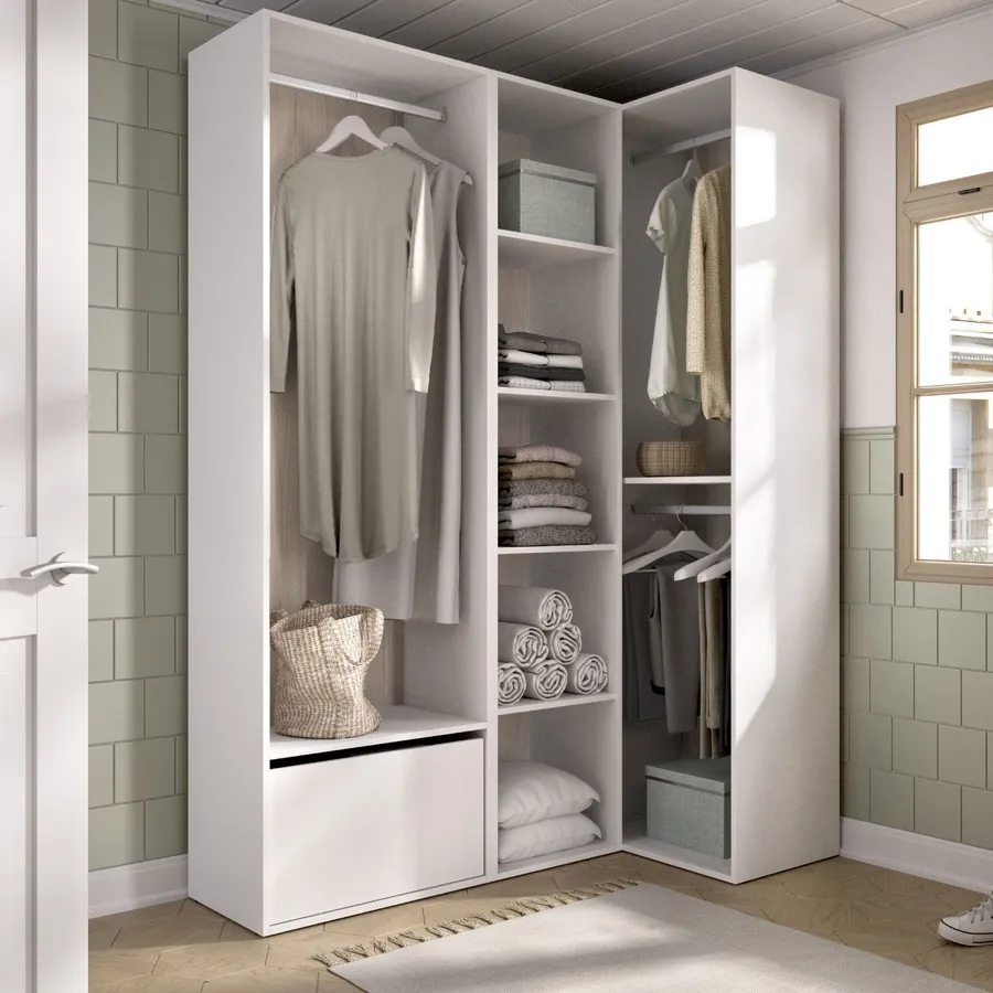 Armadio angolare 145x205h cm bianco ed effetto rovere naturale con vani ...