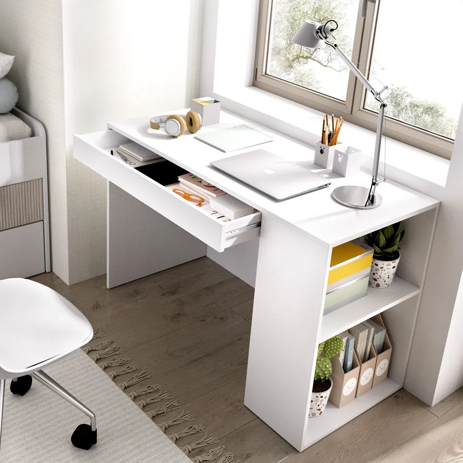 Scrivania 115x74 cm reversibile in legno bianco con vani a giorno e ...