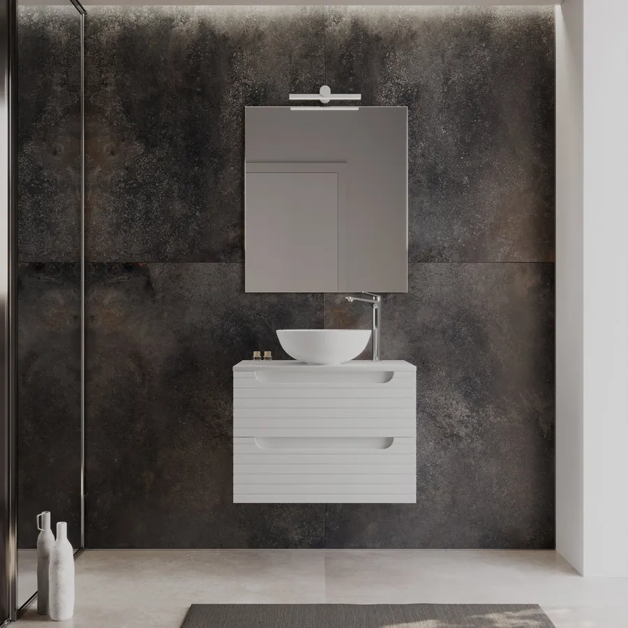 Mobile bagno sospeso 70 cm con cassetti bianco opaco cannettato con top ...