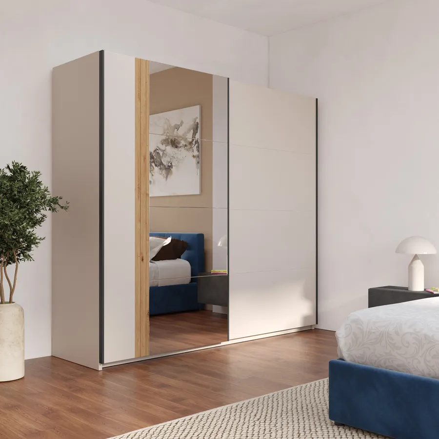 Armadio 220x205h cm cashmere e rovere savana con 2 ante e specchio ...