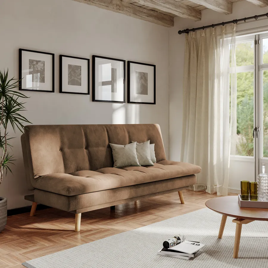 Divano letto 3 posti in tessuto a trama sottile caffè con piedi in ...