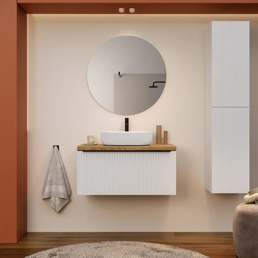 Mobile bagno sospeso 100 cm bianco opaco effetto cannettato e top ...