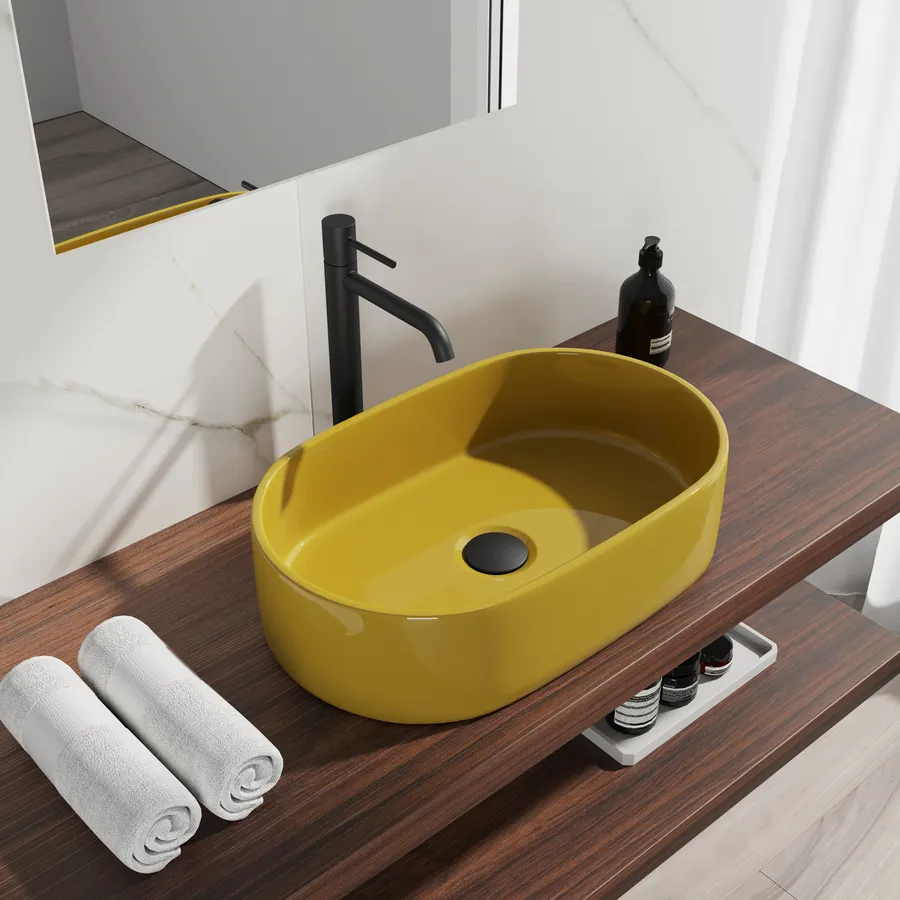 Lavabo d'appoggio a bacinella 55x34 cm giallo senape lucido - Cloe