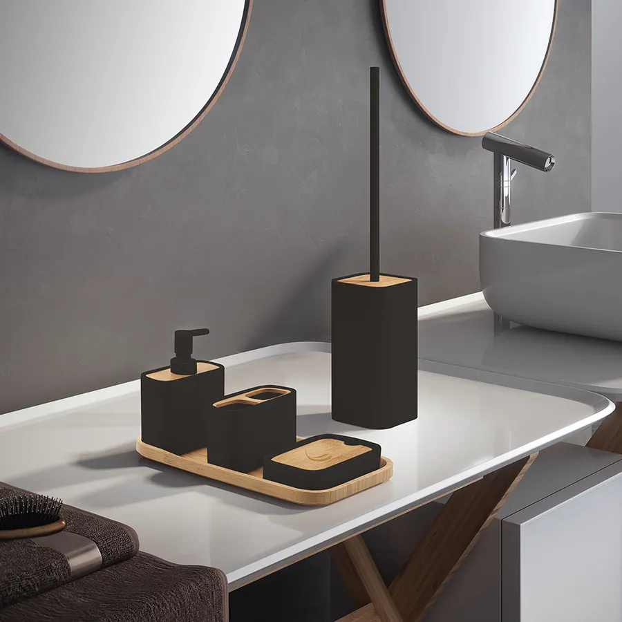 Set 5 accessori d'appoggio nero e bambù naturale - Ninfea di Gedy