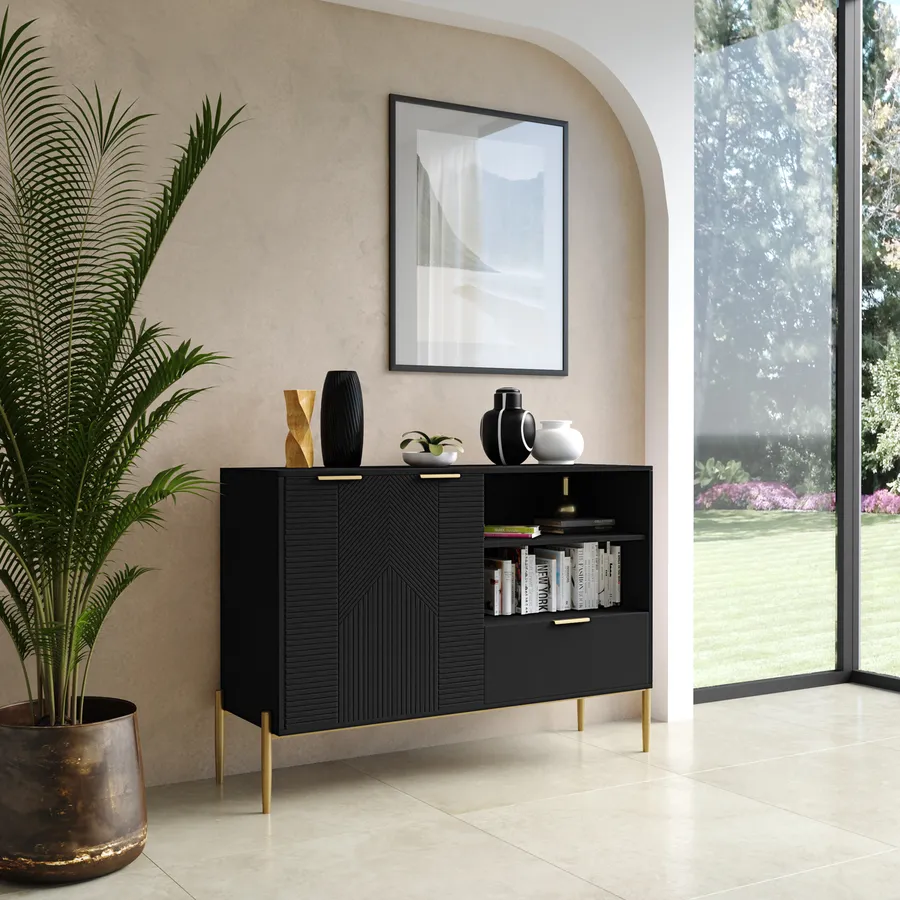 Madia 125x86h cm con 2 ante e 1 cassetto nero opaco cannettato e gambe ...