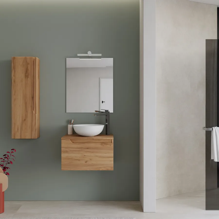 Mobile bagno sospeso 60 cm con top rovere gold e specchio - Agave