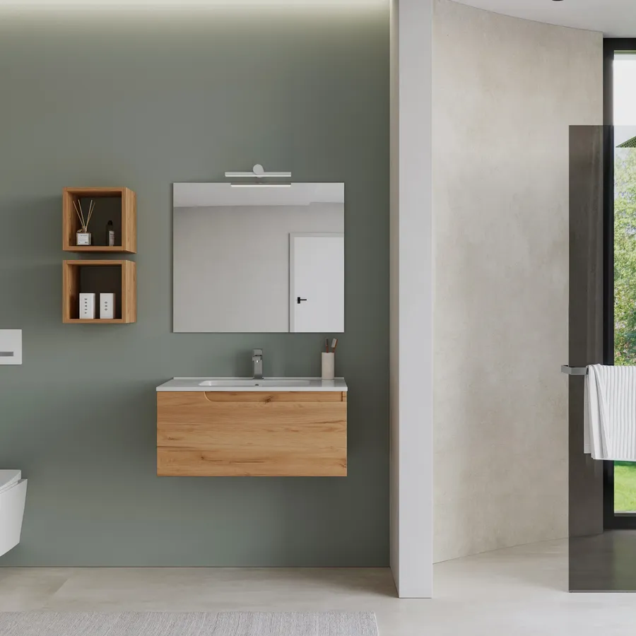 Mobile bagno sospeso 80 cm rovere gold con lavabo e specchio - Agave