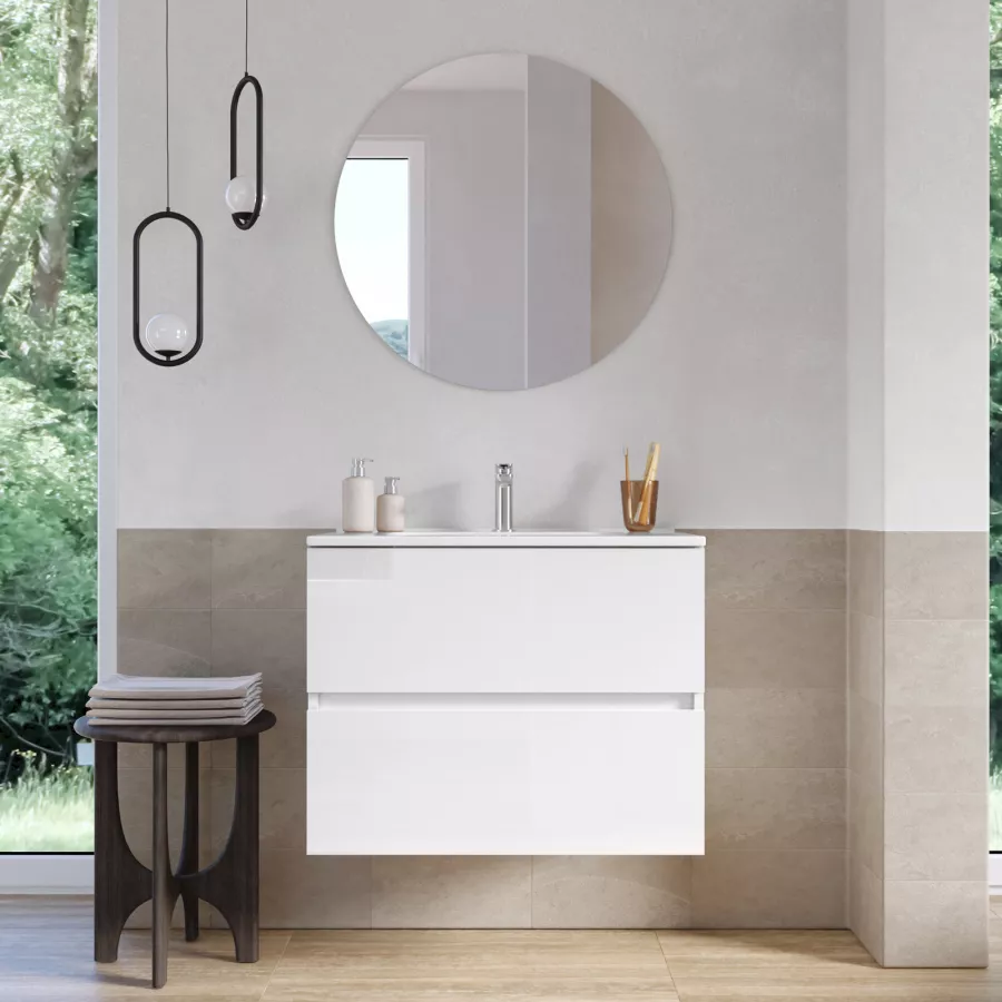 Mobile da bagno sospeso 70 cm bianco lucido con lavabo e specchio - Fully