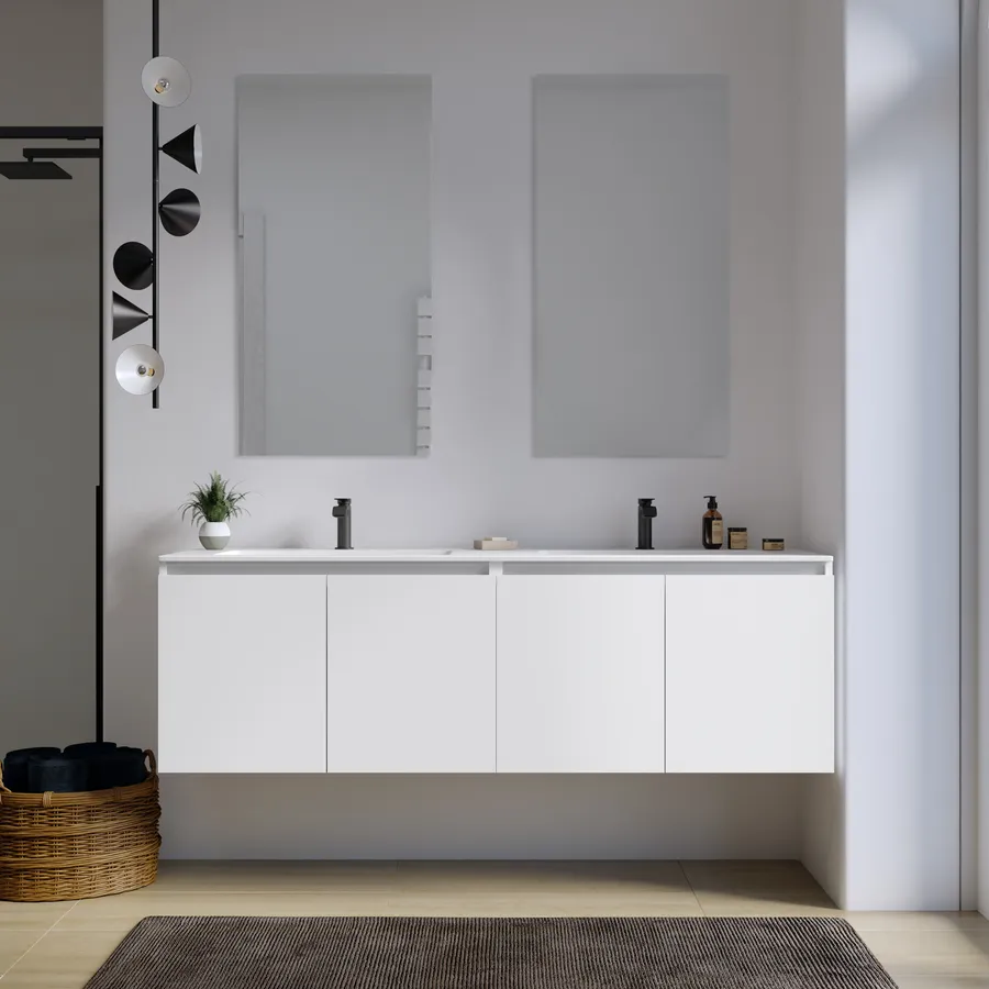Mobile bagno sospeso 160 cm bianco opaco con ante e lavabo doppia vasca ...
