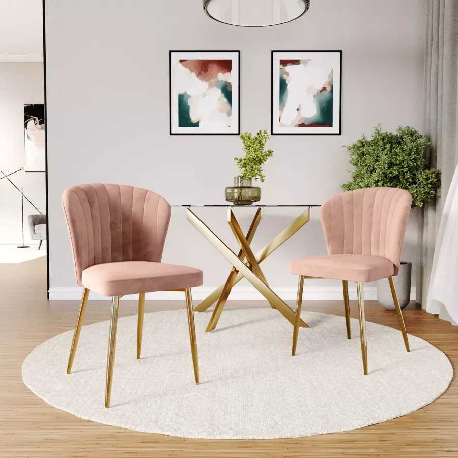 Set 2 sedie in velluto rosa cipria con schienale a conchiglia e gambe ...