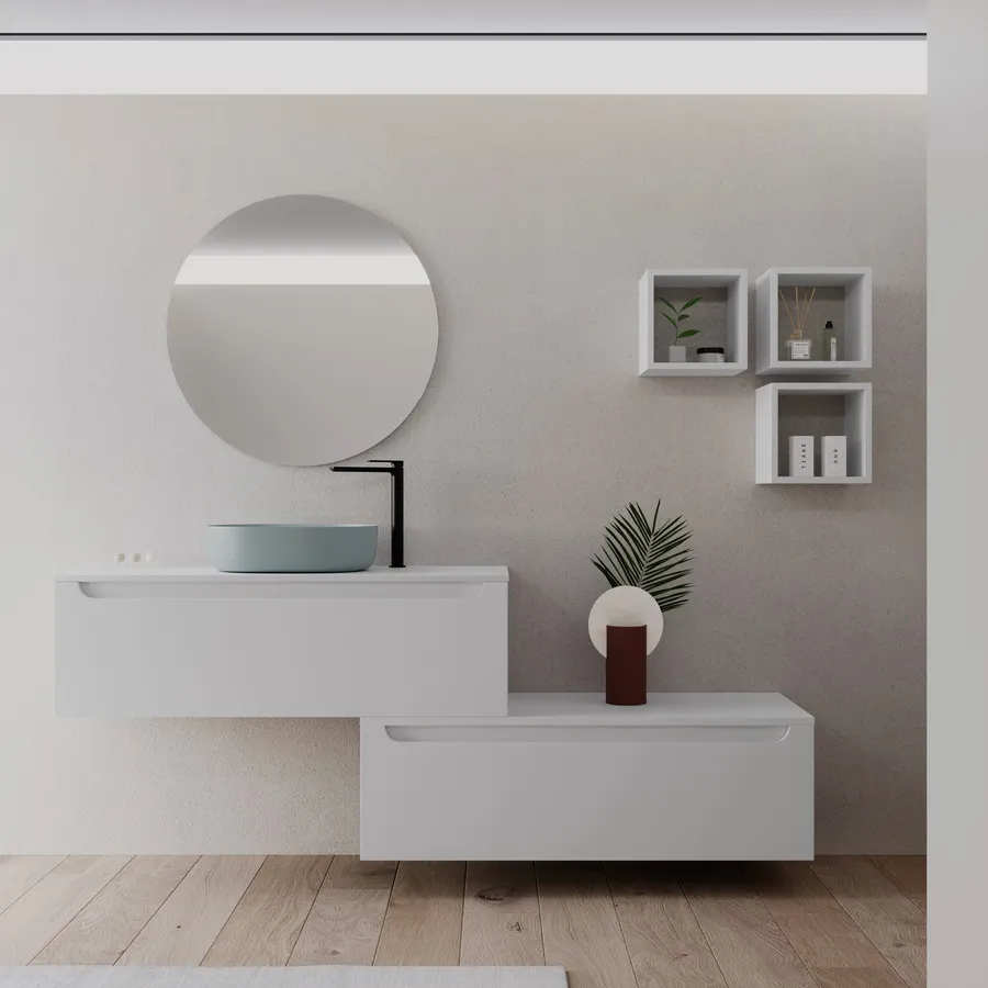 Mobile bagno sospeso 120 cm bianco opaco con cassettone e top con ...