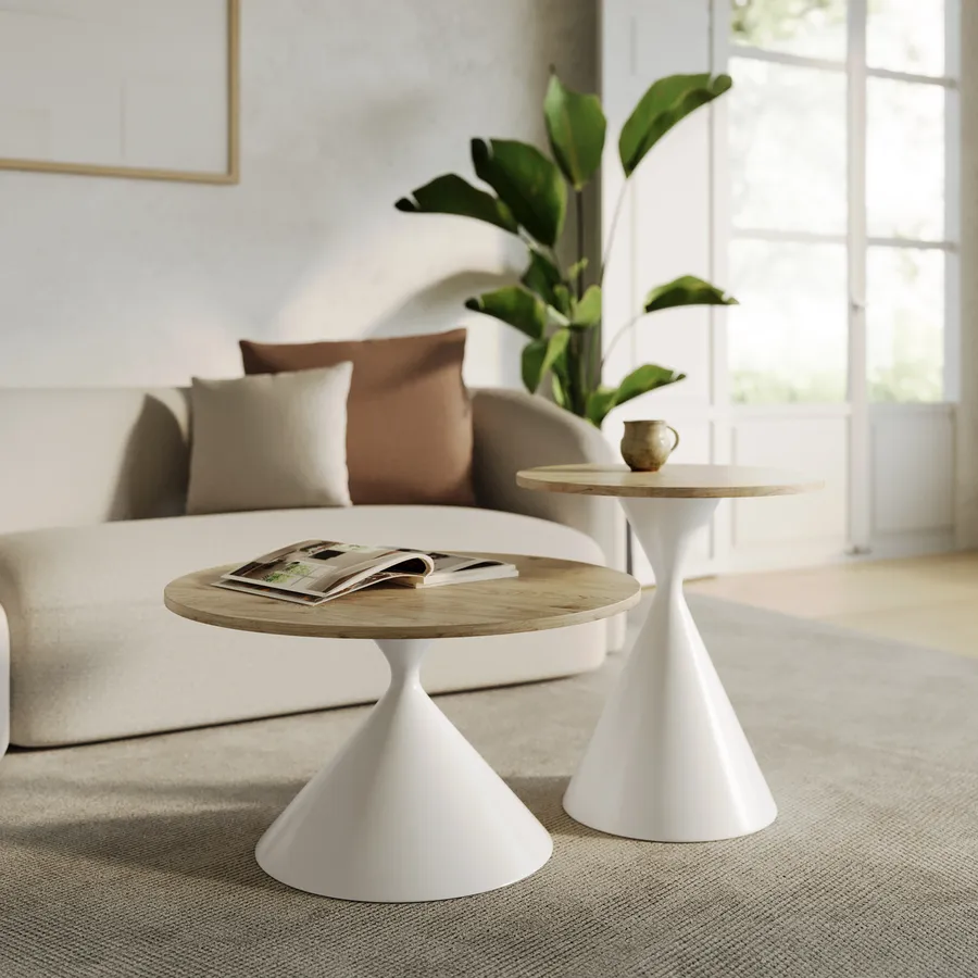 Set 2 tavolini rotondi con top rovere e base in metallo bianco - Karev