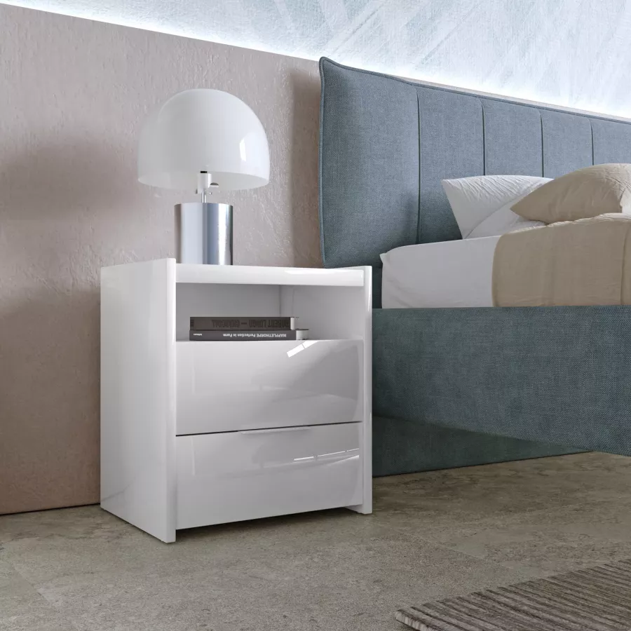 Set 2 comodini 51x57h cm con 2 cassetti soft close bianco lucido - Maika