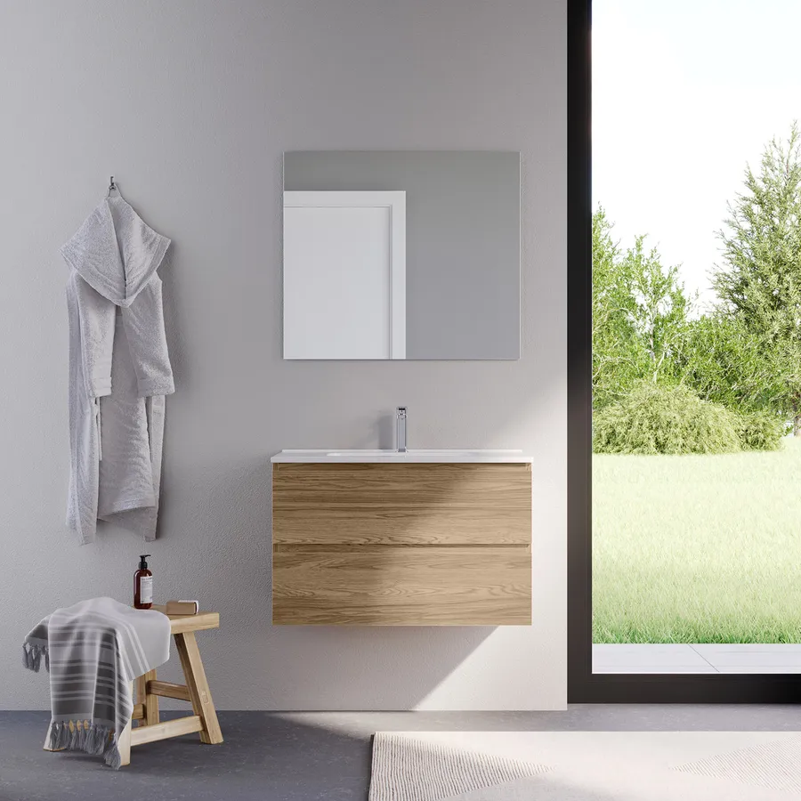 Mobile bagno sospeso 80 cm due cassetti rovere trento con lavabo e ...
