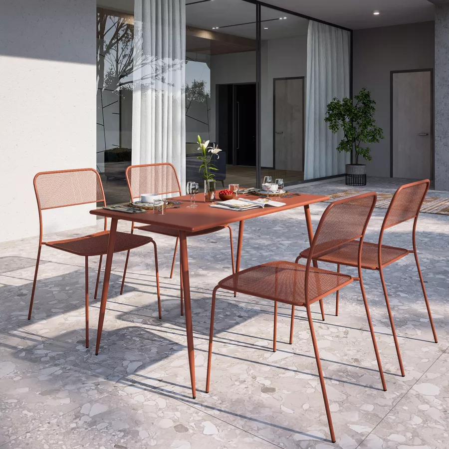 Set pranzo con tavolo 120x70 cm e 4 sedie in acciaio terracotta - Faber