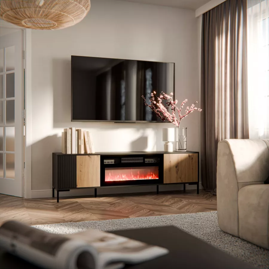 Mobile porta tv 180x54h cm rovere rustico e nero cannettato con 2 ante ...