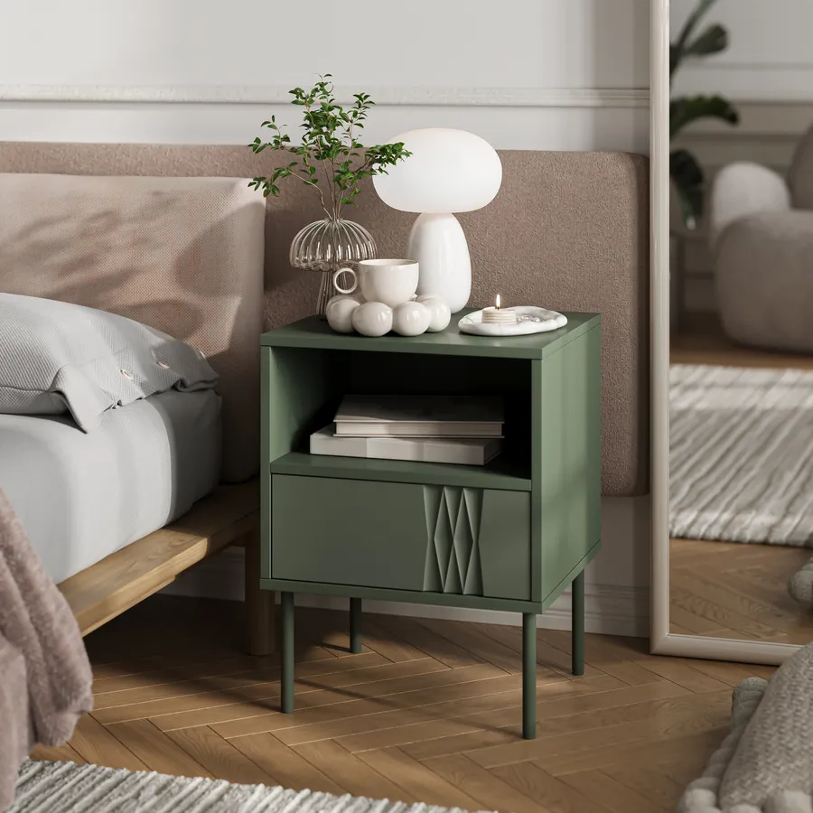 Set 2 comodini 44x54h cm verde con 1 cassetto e piedi in metallo - Cassian