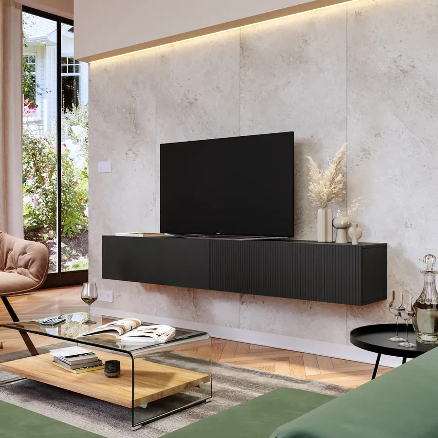 Mobile porta tv 200x31h cm sospeso nero opaco e cannettato con 2 ante ...