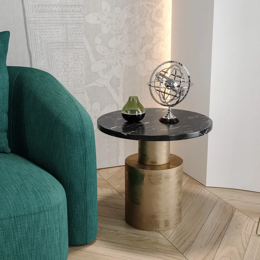Tavolino rotondo 50 cm con top in marmo nero e base in metallo oro ...