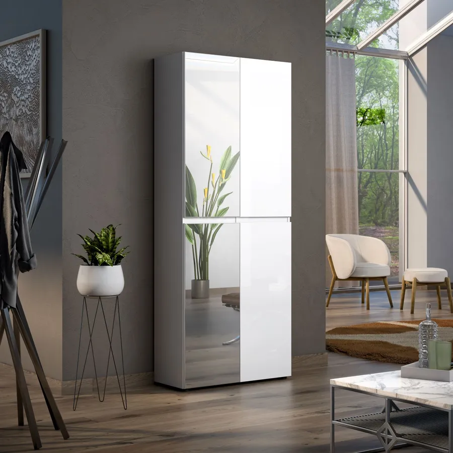 Scarpiera alta 80x200h cm bianco lucido con 4 ante e specchi - Macie