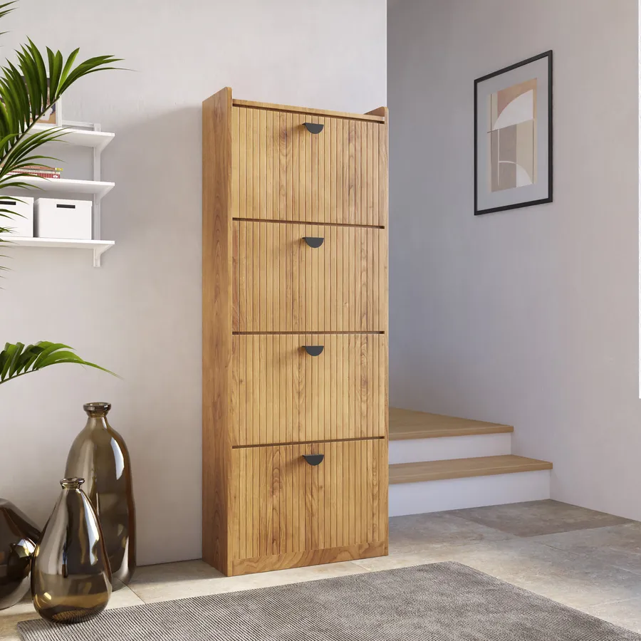 Scarpiera 60x157h cm con 4 ante a ribalta rovere chiaro e gambe nero - Ozma