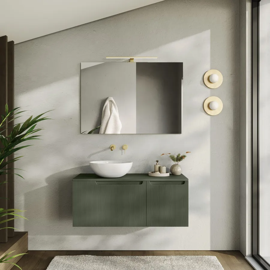 Mobile bagno sospeso 100 cm verde cemento cannettato con top e specchio ...