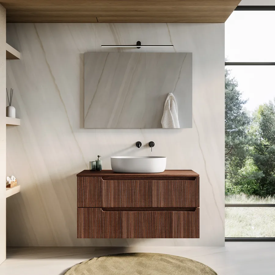 Mobile bagno sospeso 100 cm rovere deciso cannettato con top e specchio ...