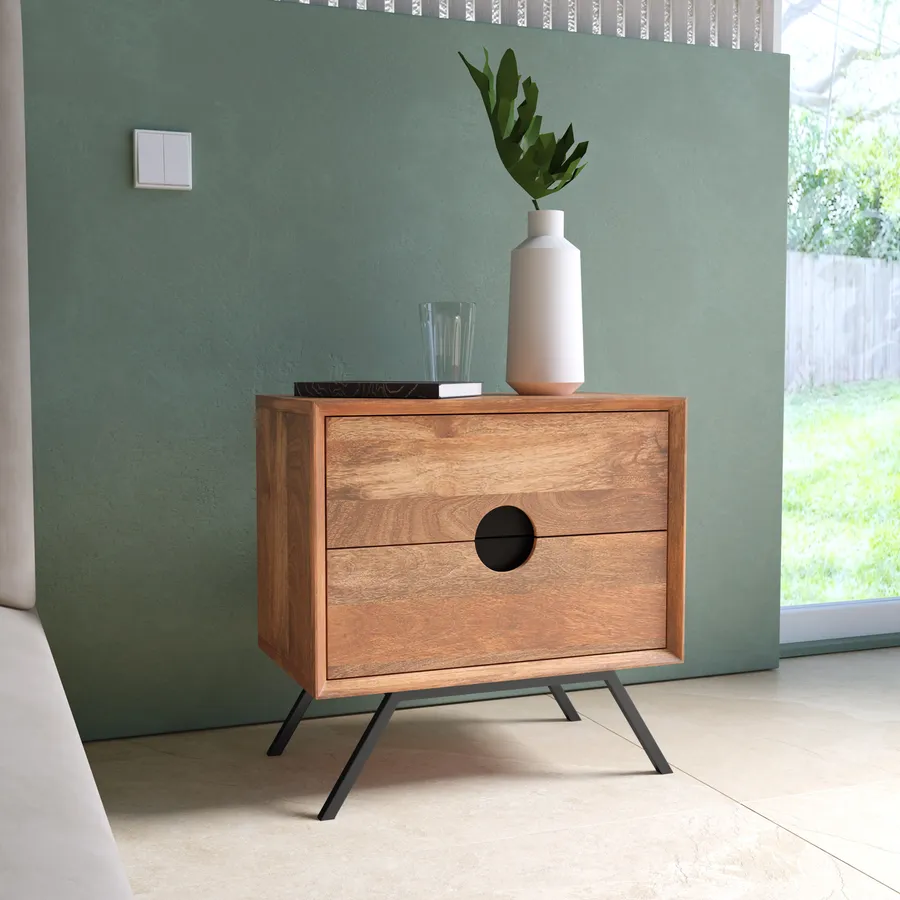 Comodino 50x50h cm in legno di acacia con 2 cassetti e piedi nero - Mareta