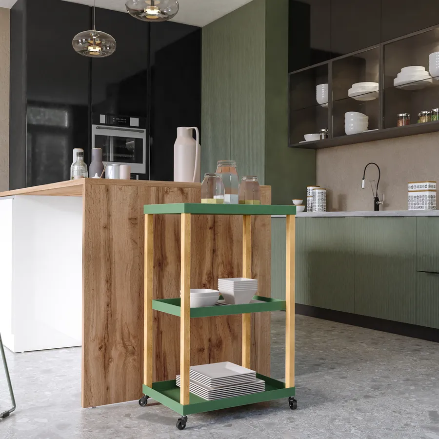 Carrello da cucina 50x79h cm in metallo verde oliva e rovere con 3 ...