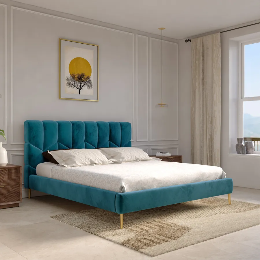Letto matrimoniale 160x190 cm in velluto blu petrolio e piedi oro - Syman