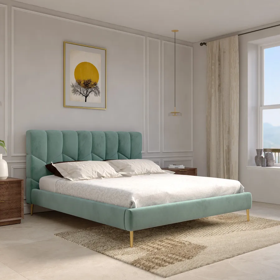 Letto matrimoniale 160x190 cm in velluto verde salvia e piedi oro - Syman