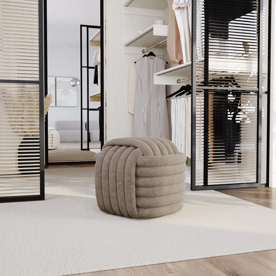 Pouf 50x50 cm in velluto tortora annodato - Pinella