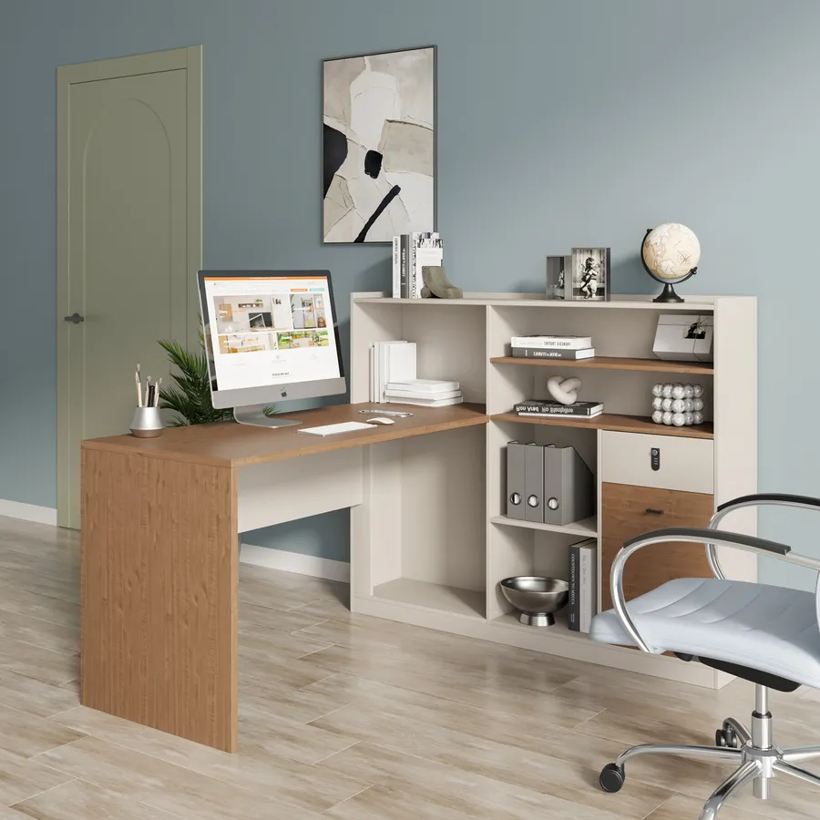 Scrivania reversibile 150x140 cm con libreria rovere coffee e tortora ...