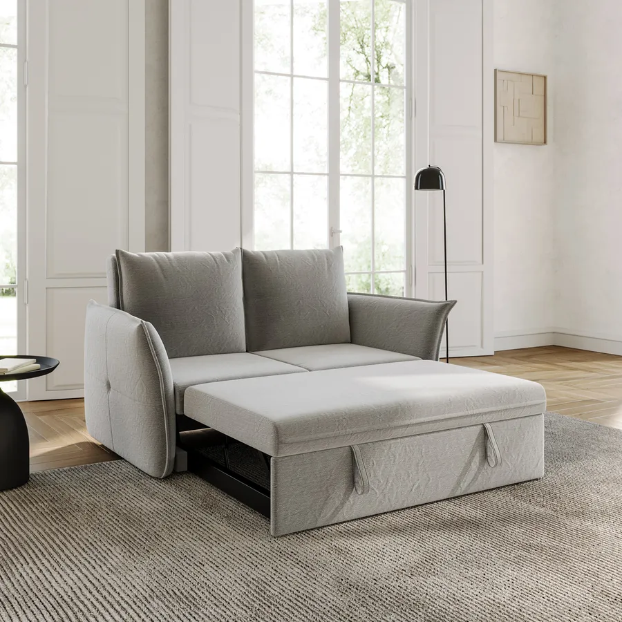 Divano letto 2 posti in tessuto grigio chiaro con sistema estraibile e ...